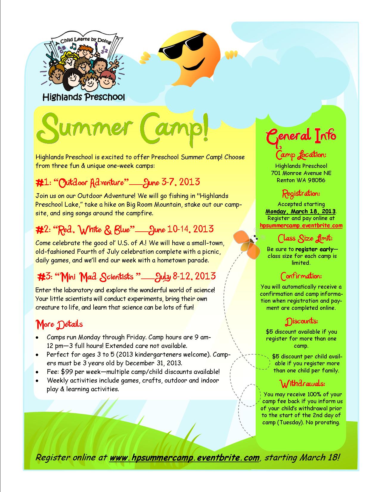 Highlands Preschool Summer Camps 2013 Registration Renton Eventbrite